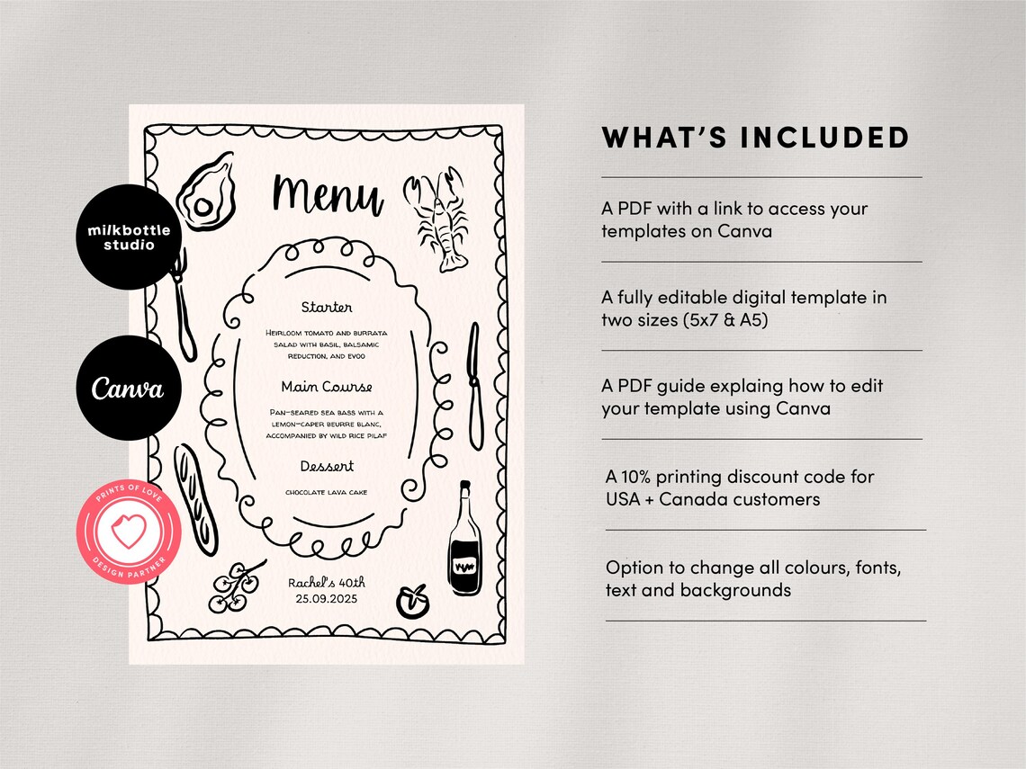Dinner Party Menu, Hand Drawn Menu Card, Illustrated Menu Template ...