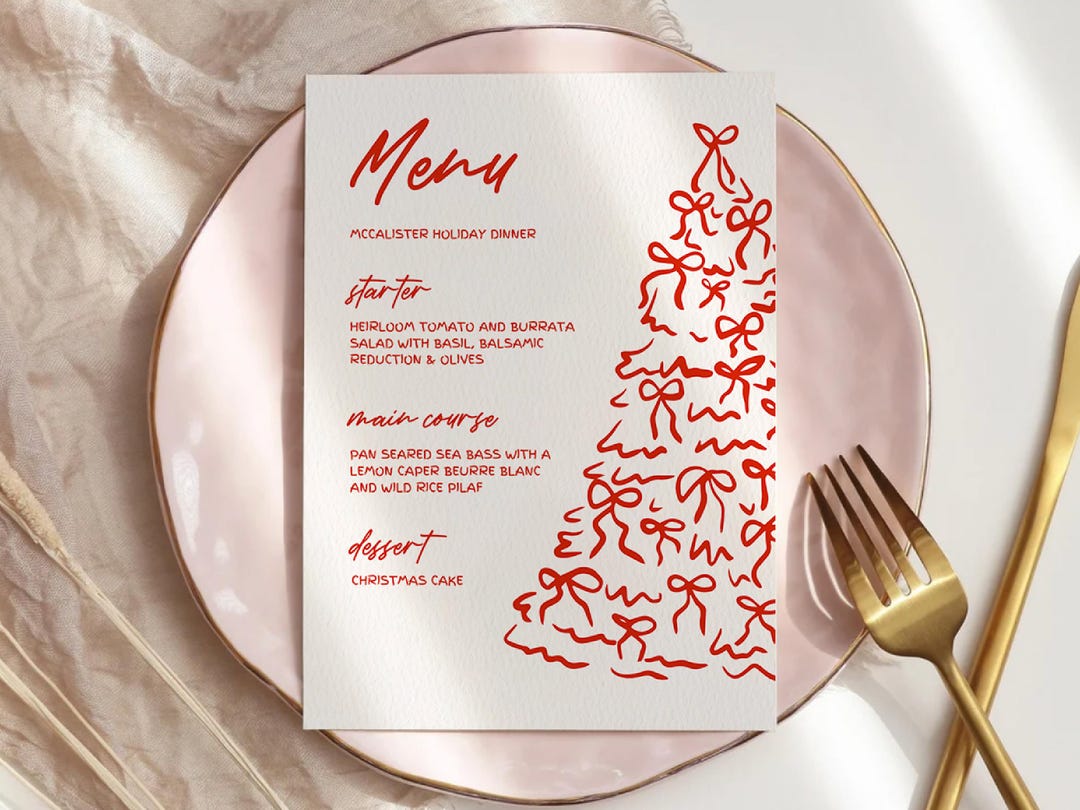 Holiday Dinner Menu Template, Festive Red Menu Card, Custom Editable ...