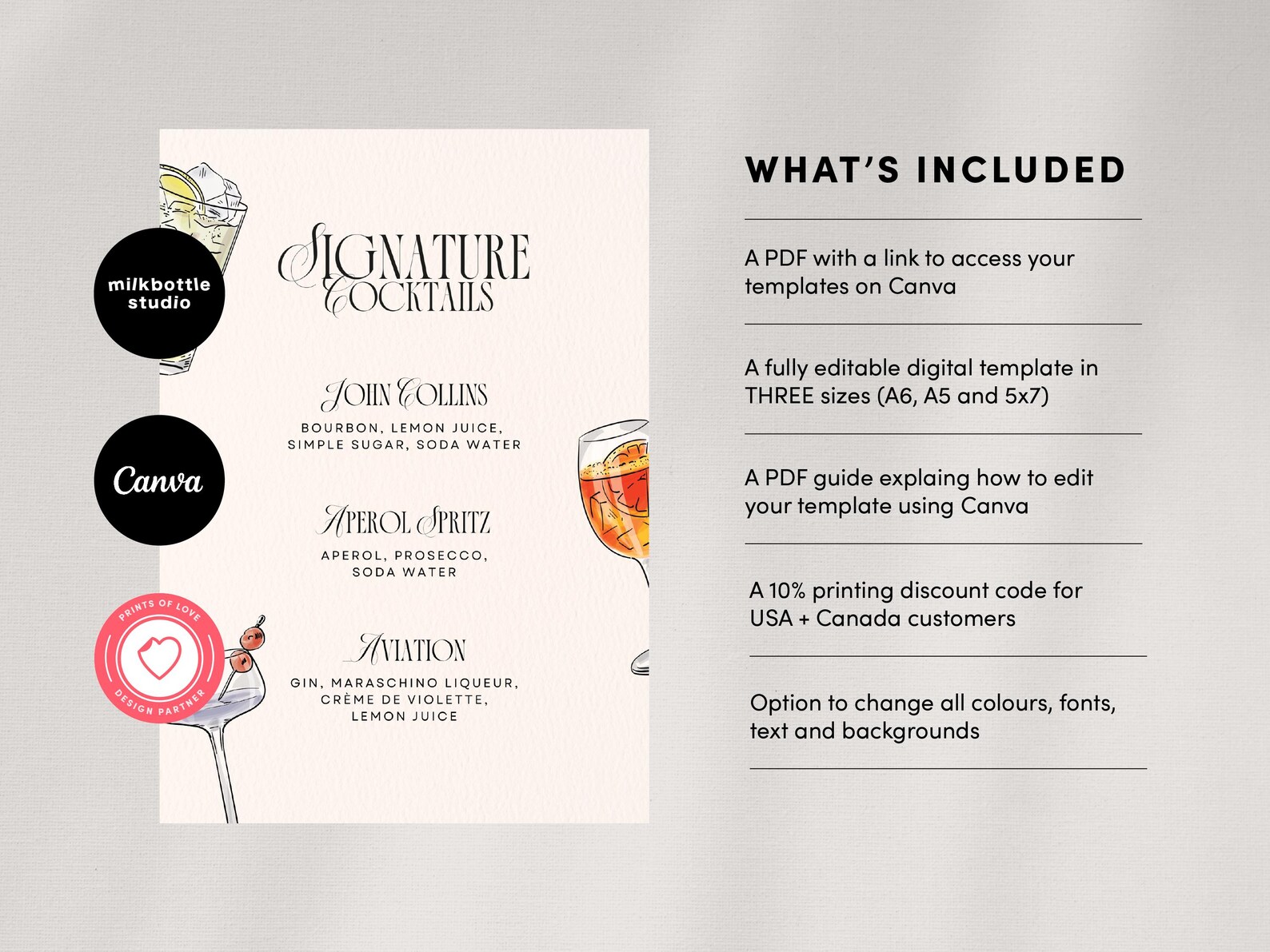 Printable Signature Drinks Menu, Modern Wedding Cocktail Menu, Cocktail ...