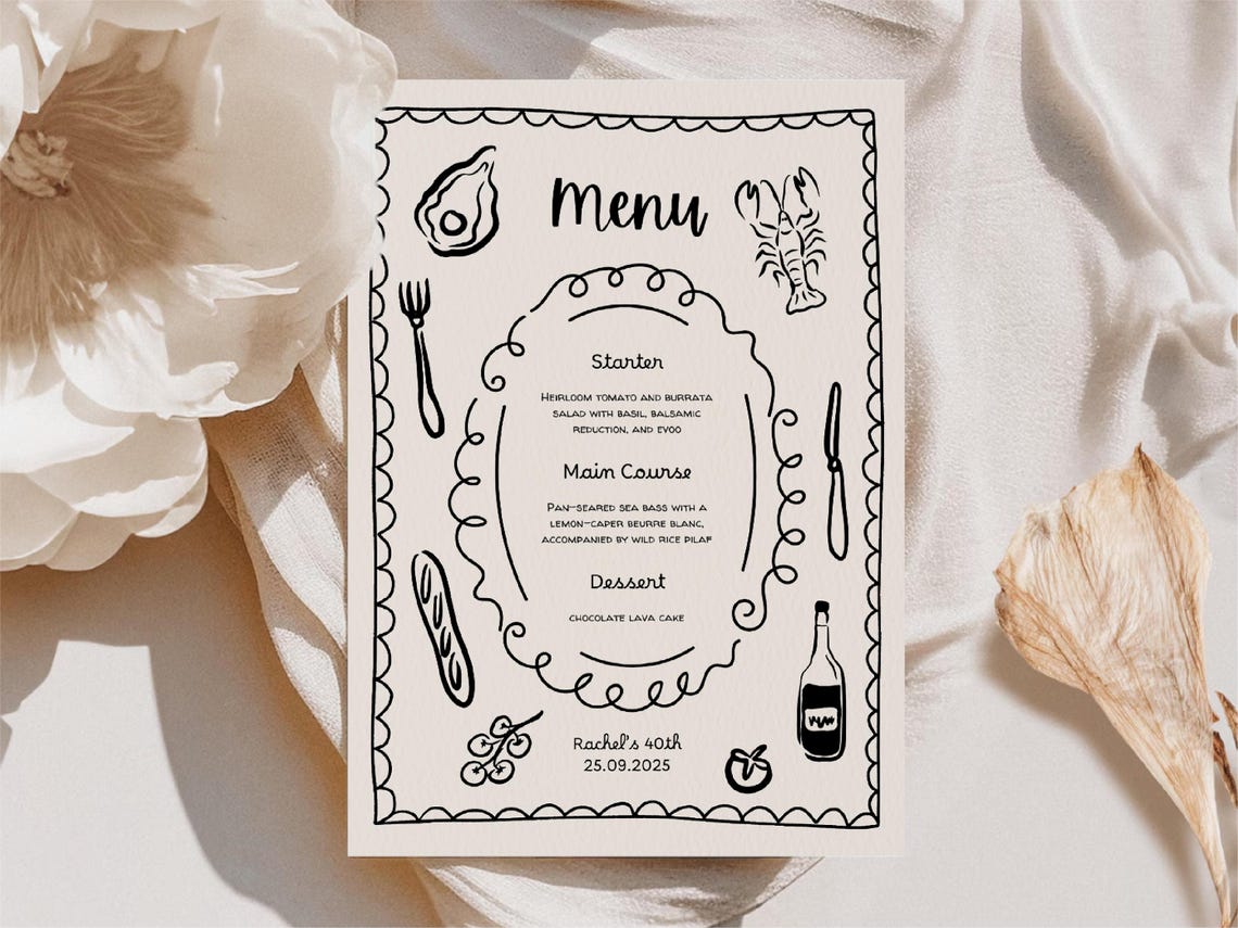 Dinner Party Menu, Hand Drawn Menu Card, Illustrated Menu Template ...