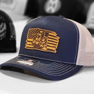 Welder Hat, Welding Trucker Hat, American Flag Leather Patch Hat ...