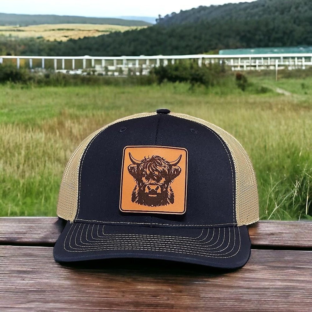 Highland Cow Hat, Highland Cow Gift, Leather Patch Trucker Hat ...