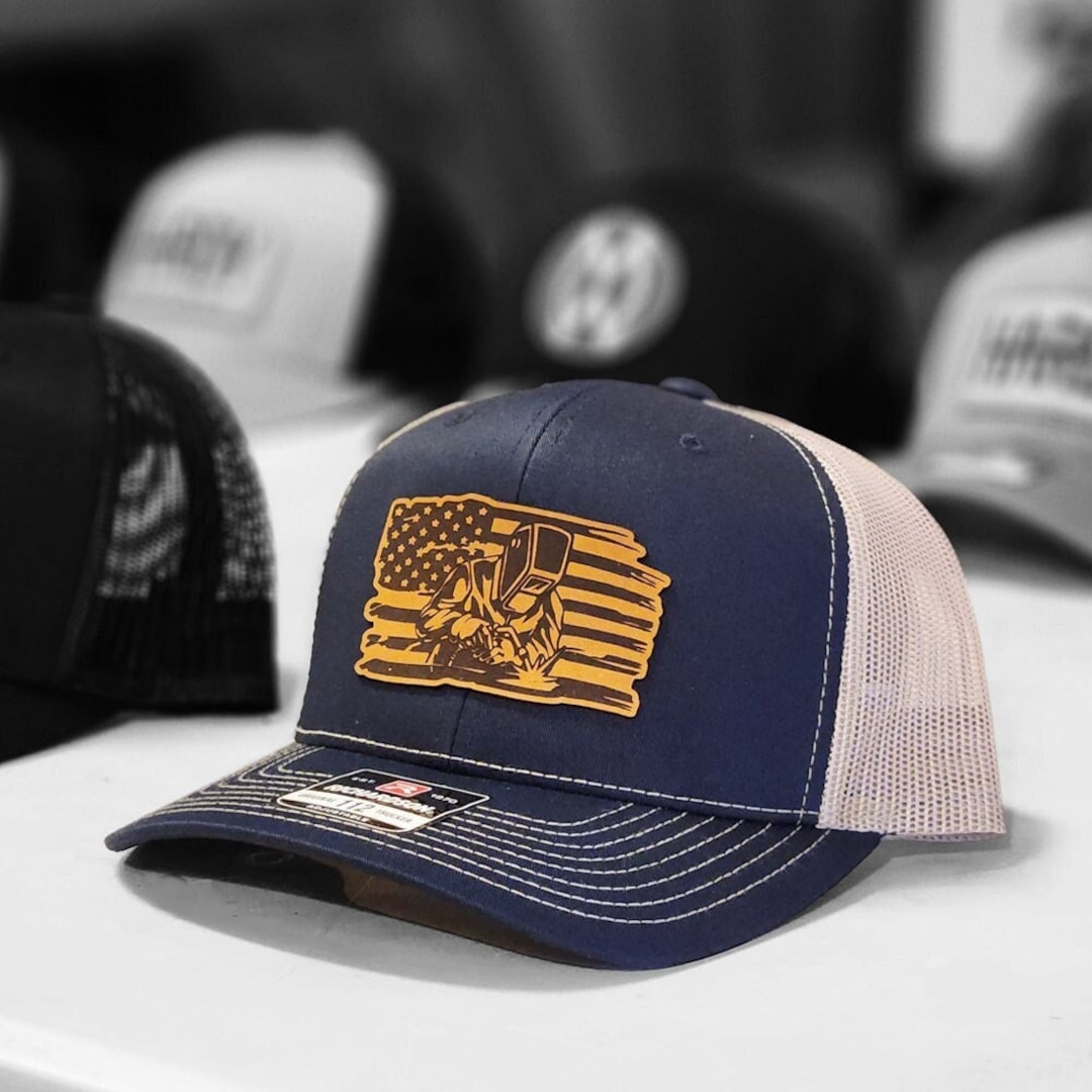 Welder Hat, Welding Trucker Hat, American Flag Leather Patch Hat ...