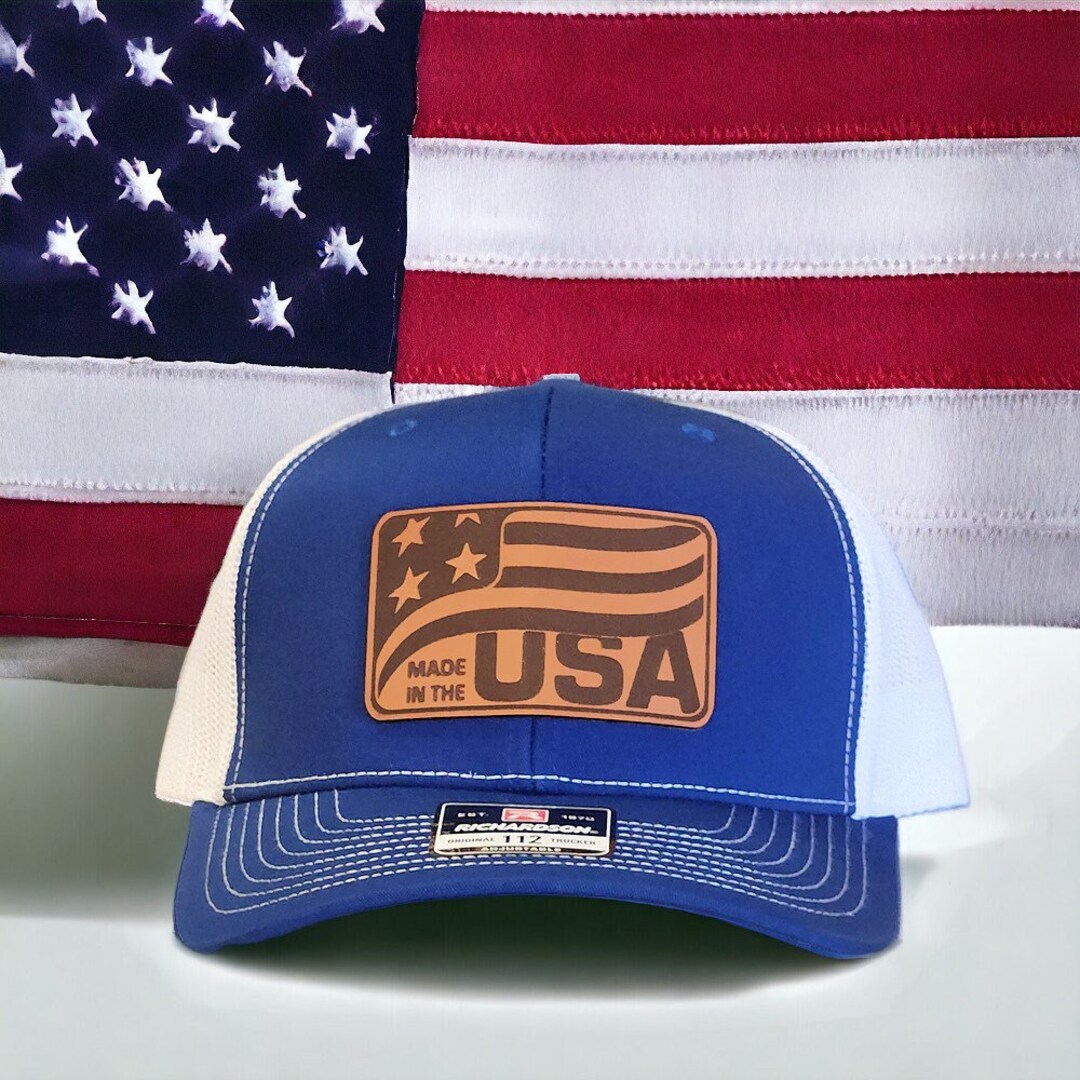 Made in the USA Hat, Trucker Hat, American Flag Leather Patch Hats ...