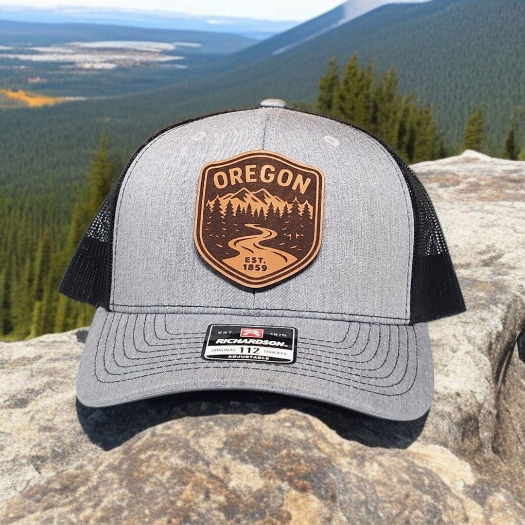 Oregon Hat, Oregon Leather Patch Trucker Hat, Oregon Hiking Hat, Oregon ...