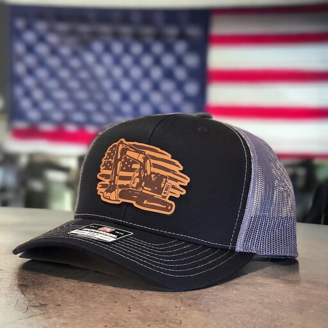 Excavator Hat, Blue Collar Trucker Hat, Tractor American Flag Leather ...