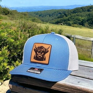 Highland Cow Hat, Highland Cow Gift, Leather Patch Trucker Hat ...