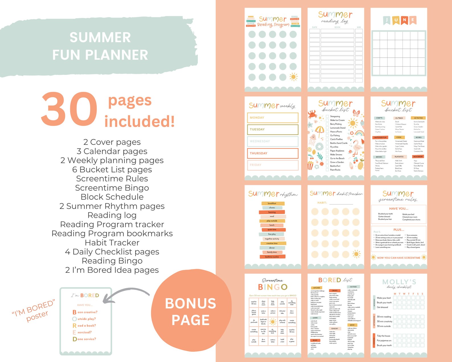 Printable Summer Planner, Summer Vacation Bundle, Kids Summer Bucket ...