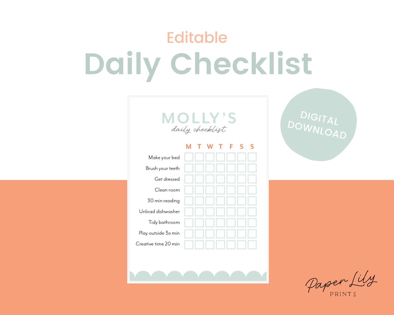 Editable Daily Checklist, Printable Chore Chart, Daily Responsibilities ...