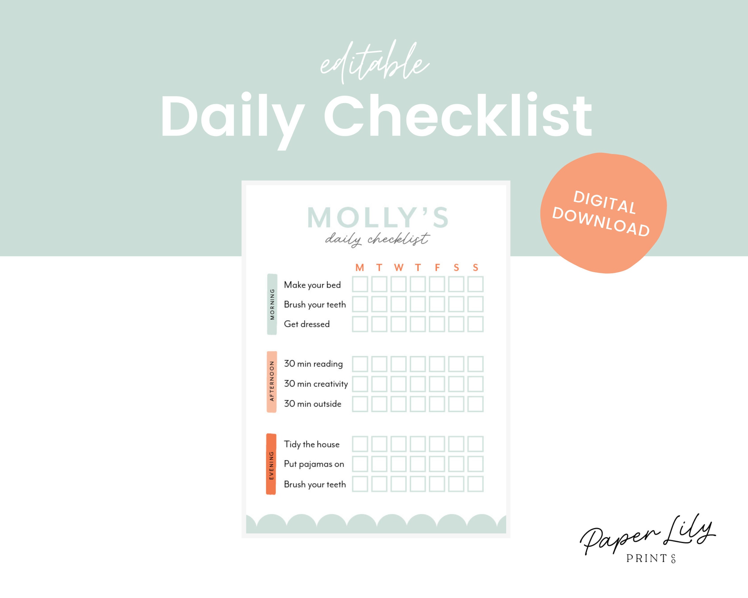 Editable Daily Checklist, Printable Chore Chart, Daily Responsibilities ...