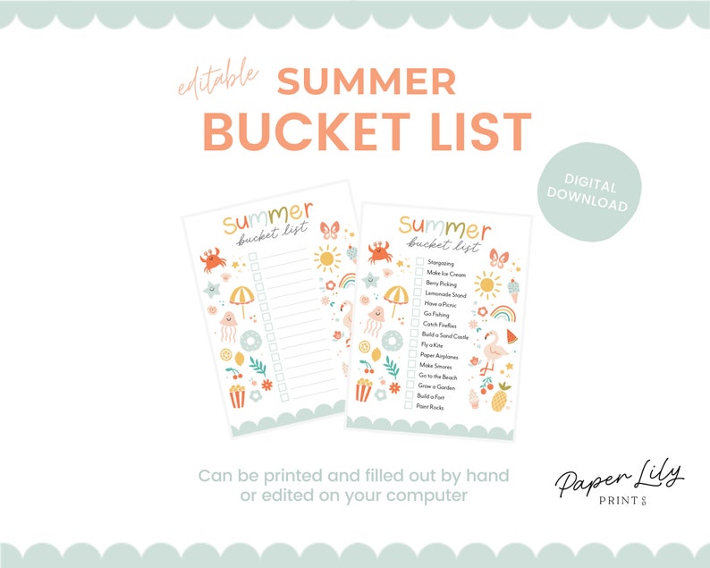 Summer Bucket List Printable, Editable Bucket List Template, Summer ...