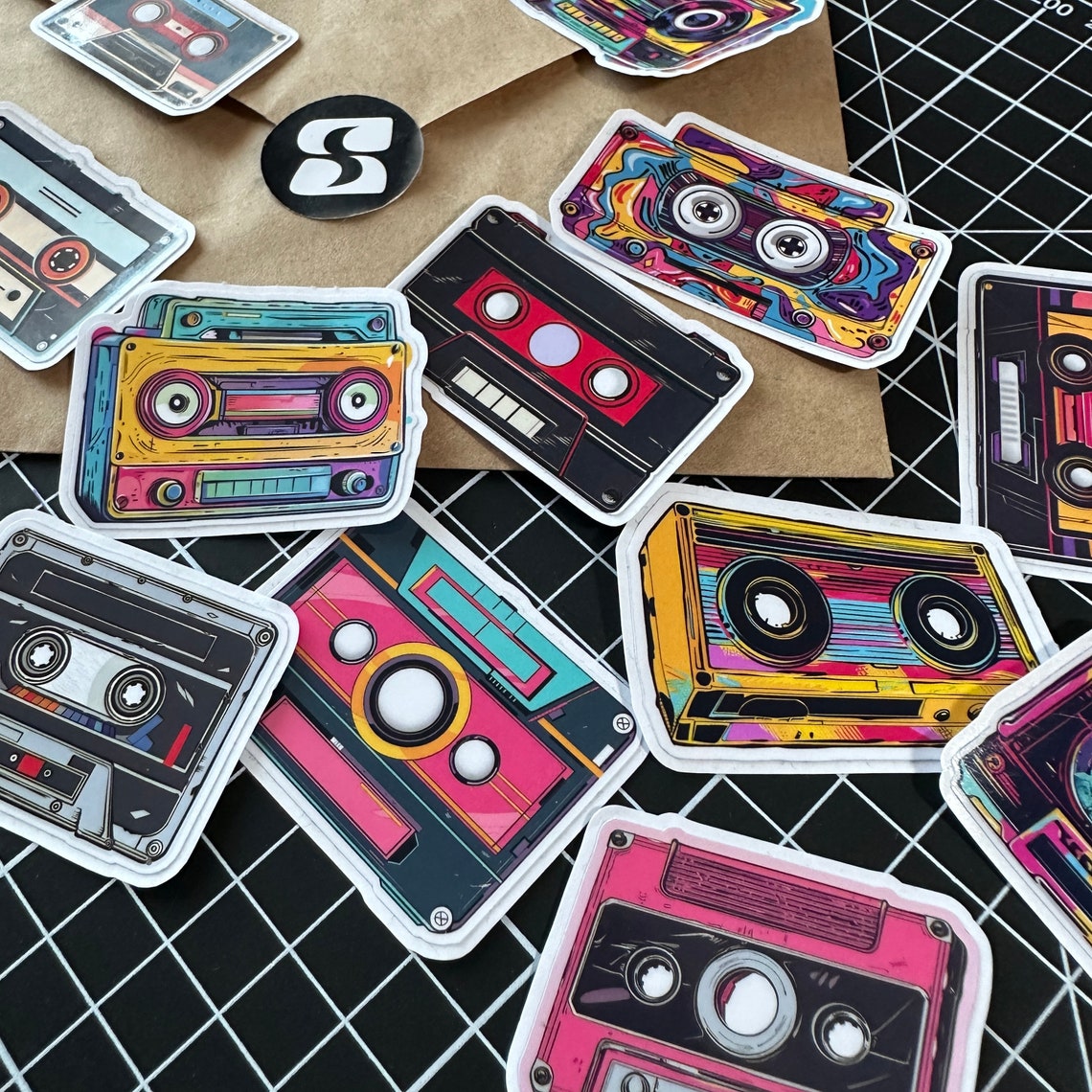 12 PCS Classic Cassette Tape Sticker Pack Laminated Old School Cassette ...
