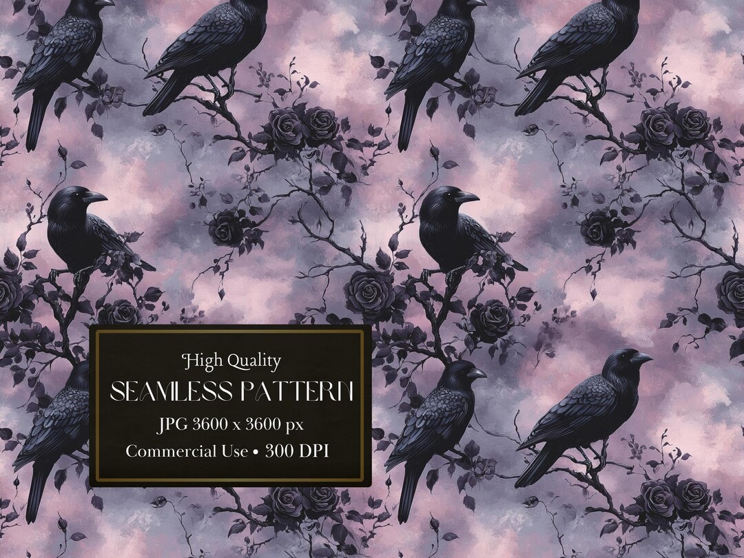 Dark Gothic Raven and Rose Seamless Pattern for Digital Wallpaper and ...