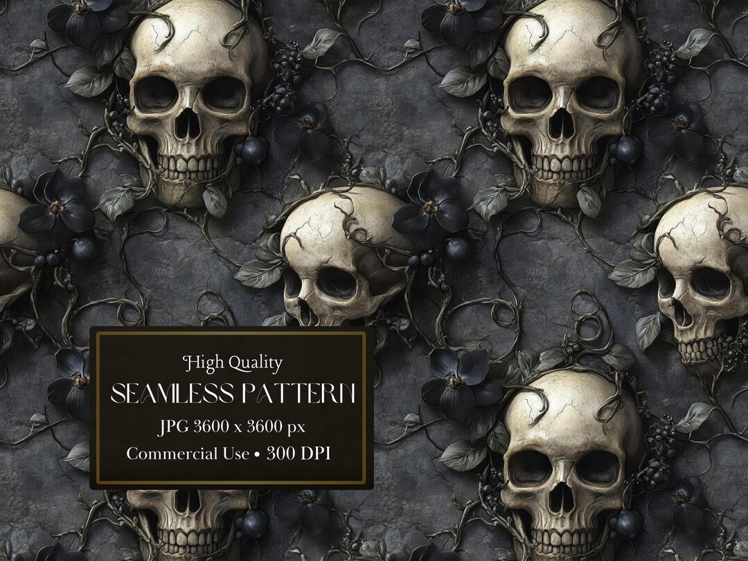 Dark Gothic Skulls With Floral Repeating Pattern Seamless File Digital ...