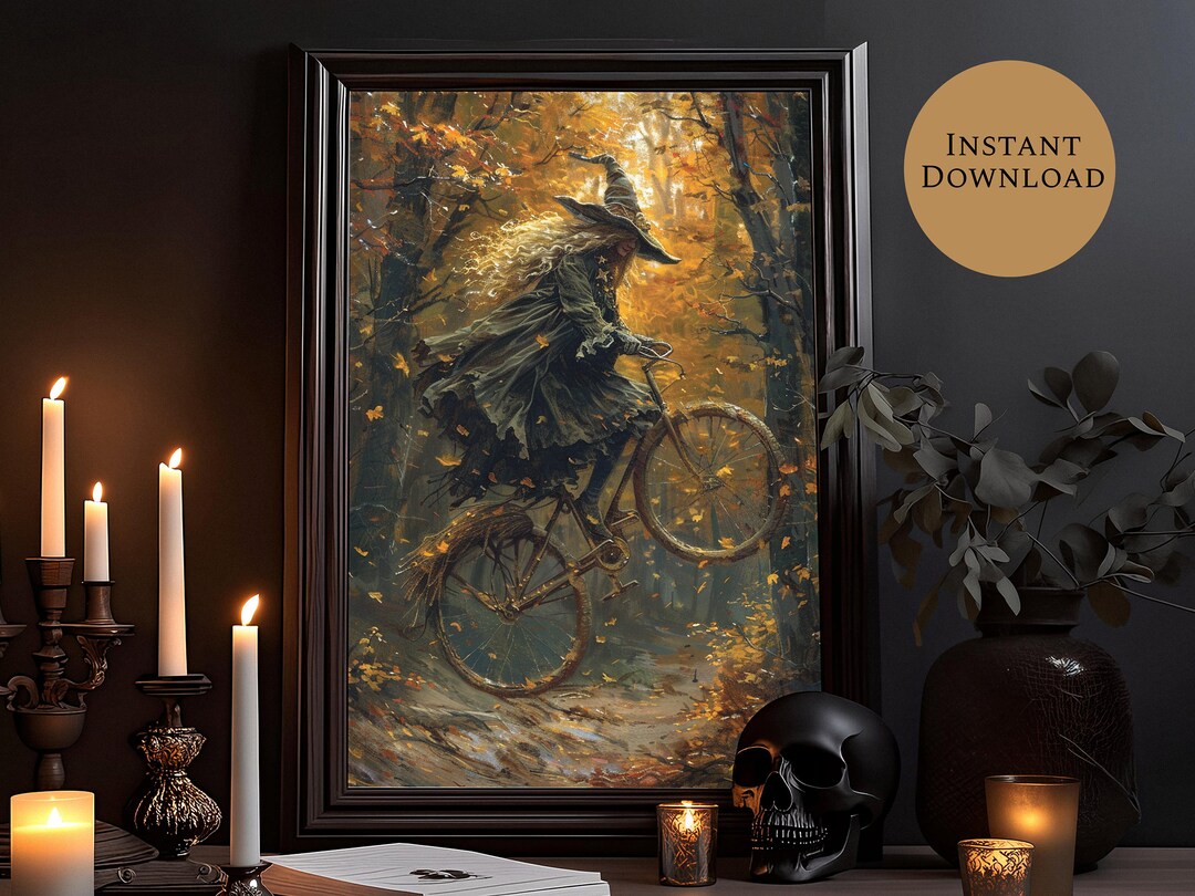 Witch Art Riding Bicycle Gothic Art Halloween Prints Gothic Decor ...