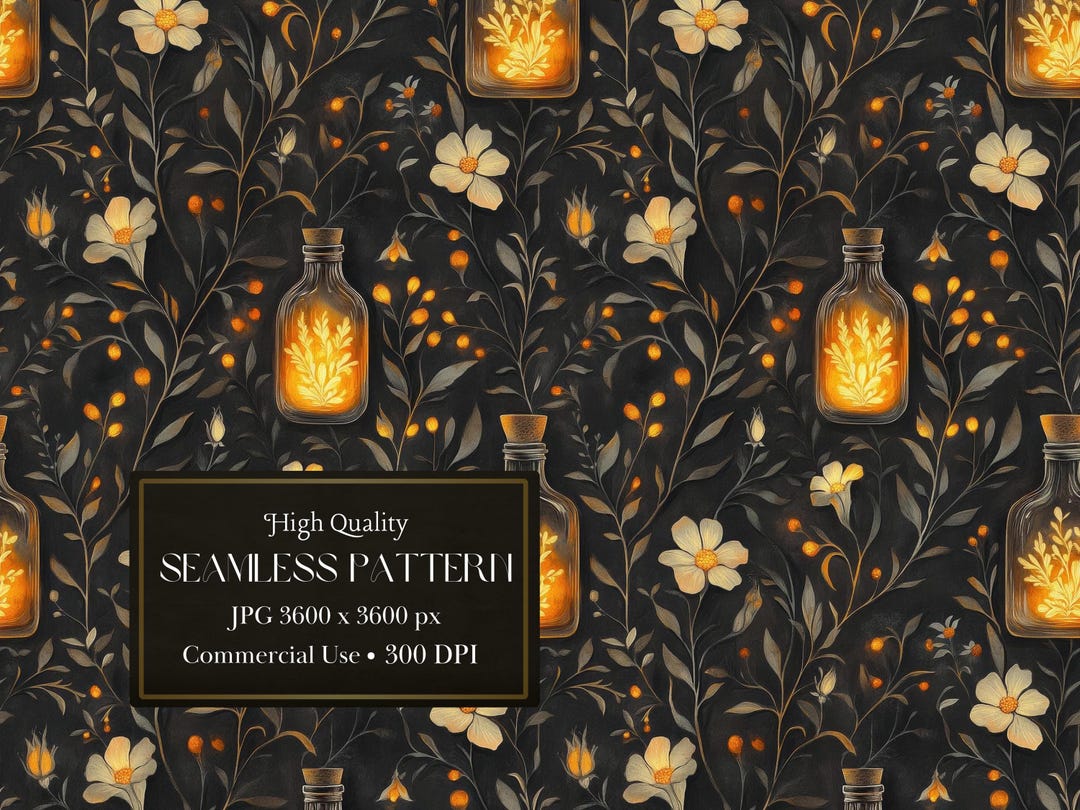 Dark Floral Witchcraft Seamless Pattern With Magical Bottles and ...