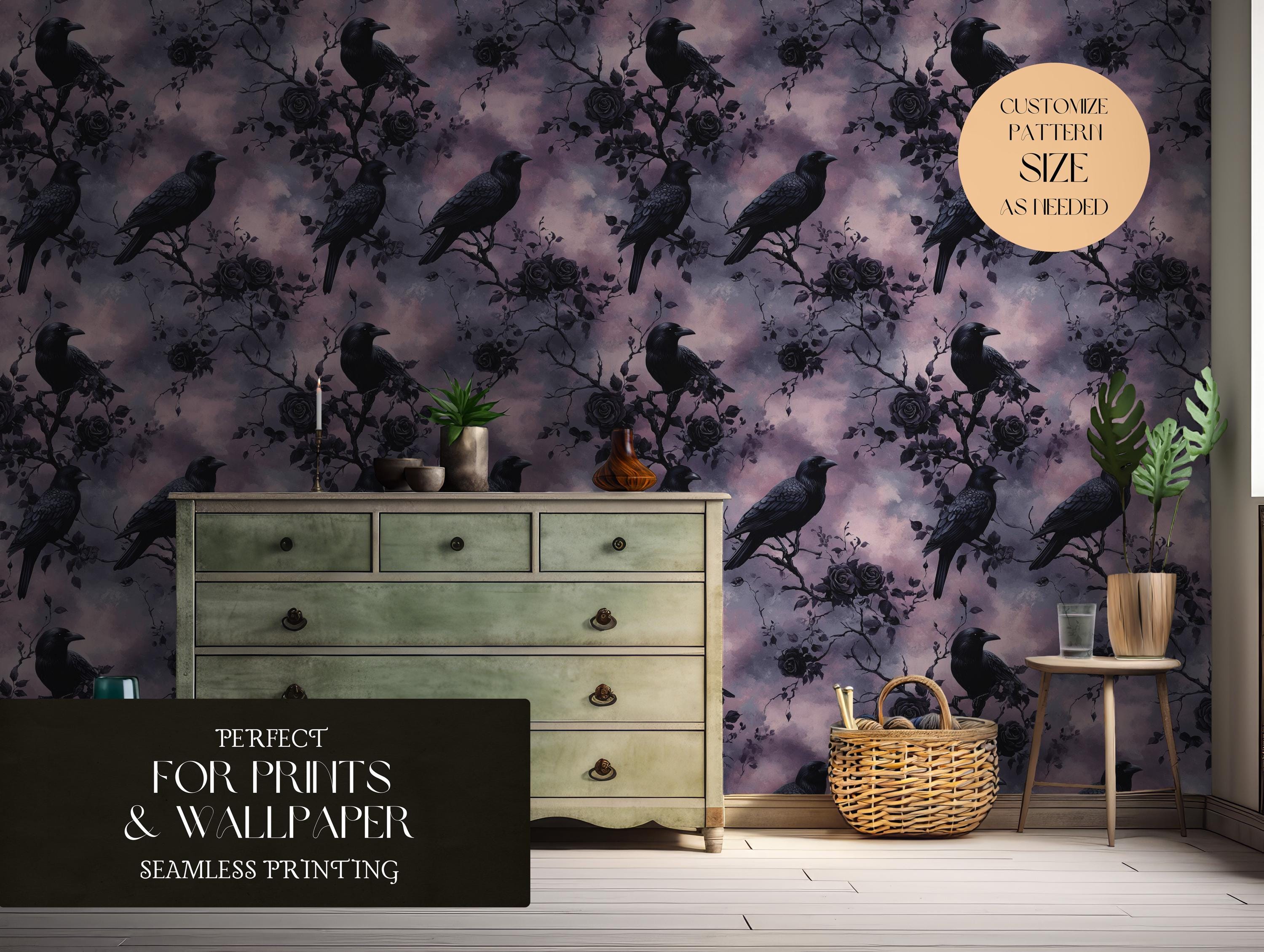 Dark Gothic Raven and Rose Seamless Pattern for Digital Wallpaper and ...