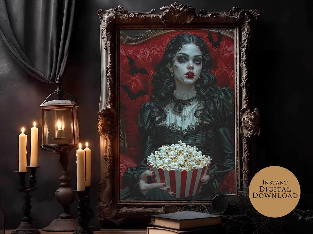 Vampire Eating Popcorn Quirky Wall Art Gothic Decor Creepy Dark Fantasy ...