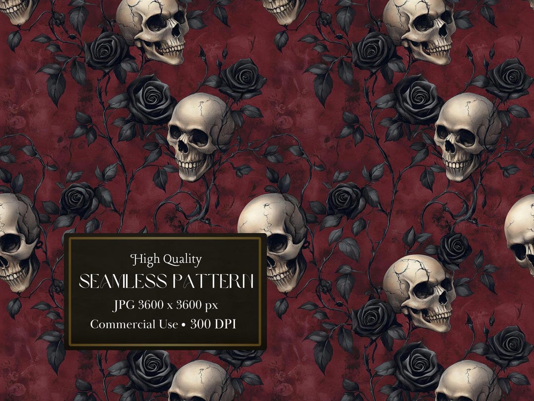 Dark Gothic Skull Pattern With Roses Seamless Digital Paper for ...