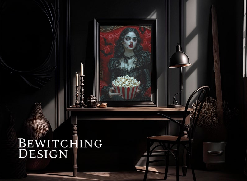 Vampire Eating Popcorn Quirky Wall Art Gothic Decor Creepy Dark Fantasy ...