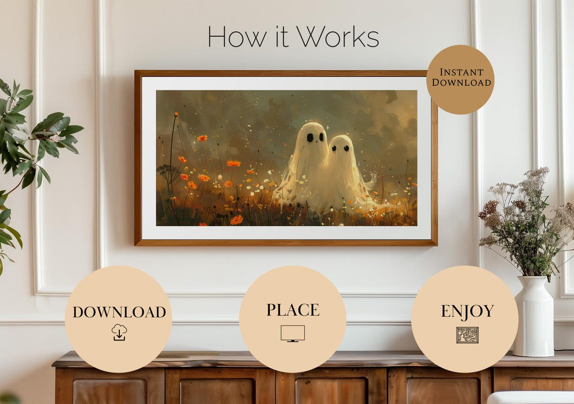 Cute Ghost Couple Haunted Painting for Halloween TV Frame Art | Rustic ...