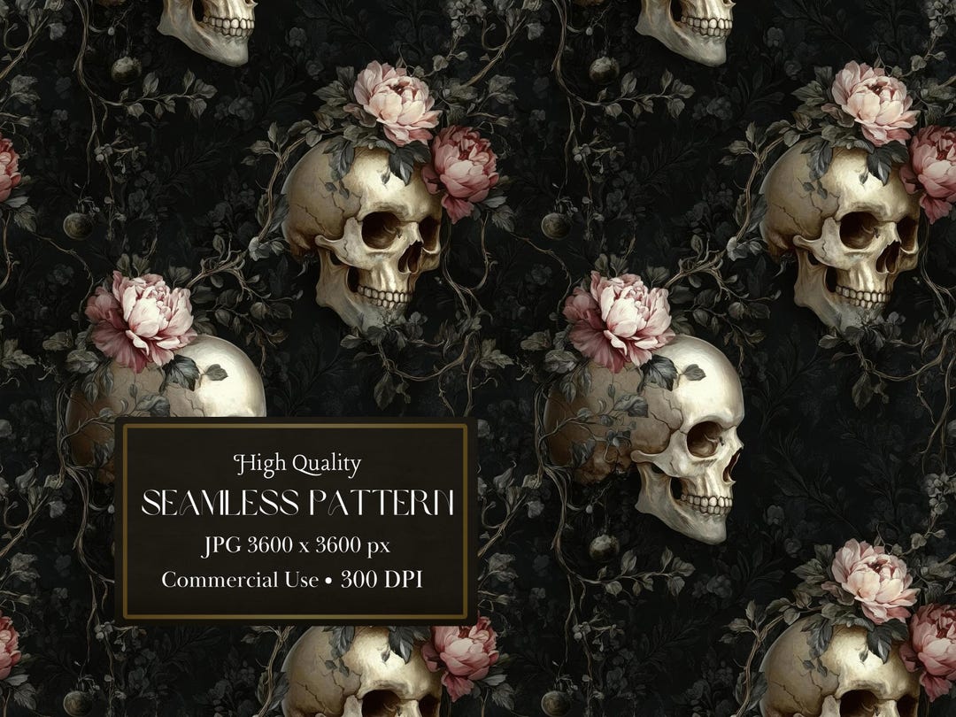 Dark Gothic Skull Pattern With Vintage Florals Mystical Seamless Design ...
