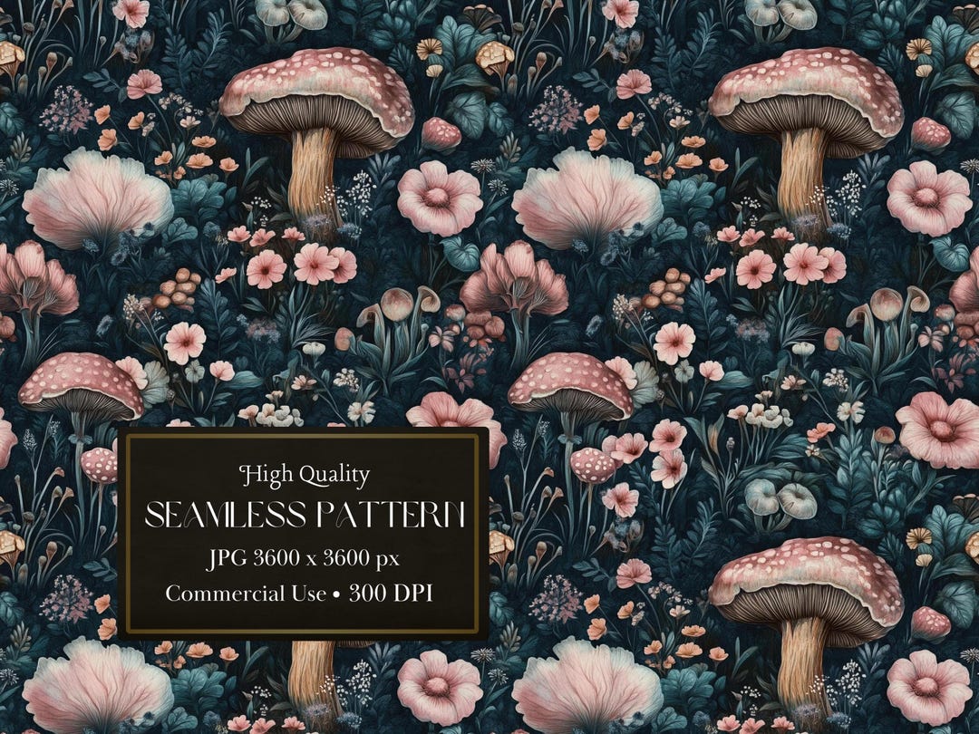 Dark Cottagecore Mushroom Seamless Pattern Wallpaper With Floral Repeating Pattern and Fairy Art ...