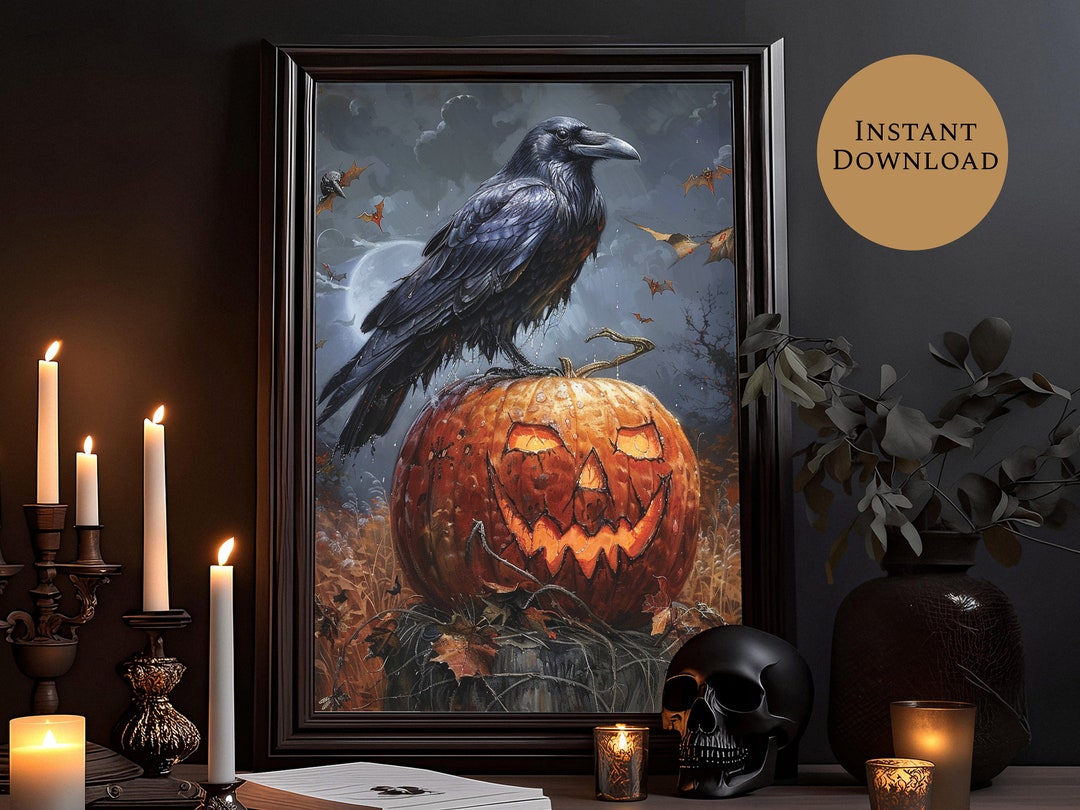 Jack O Lantern Crowcore, Spooky Wall Art, Halloween Spooky Home Decor ...