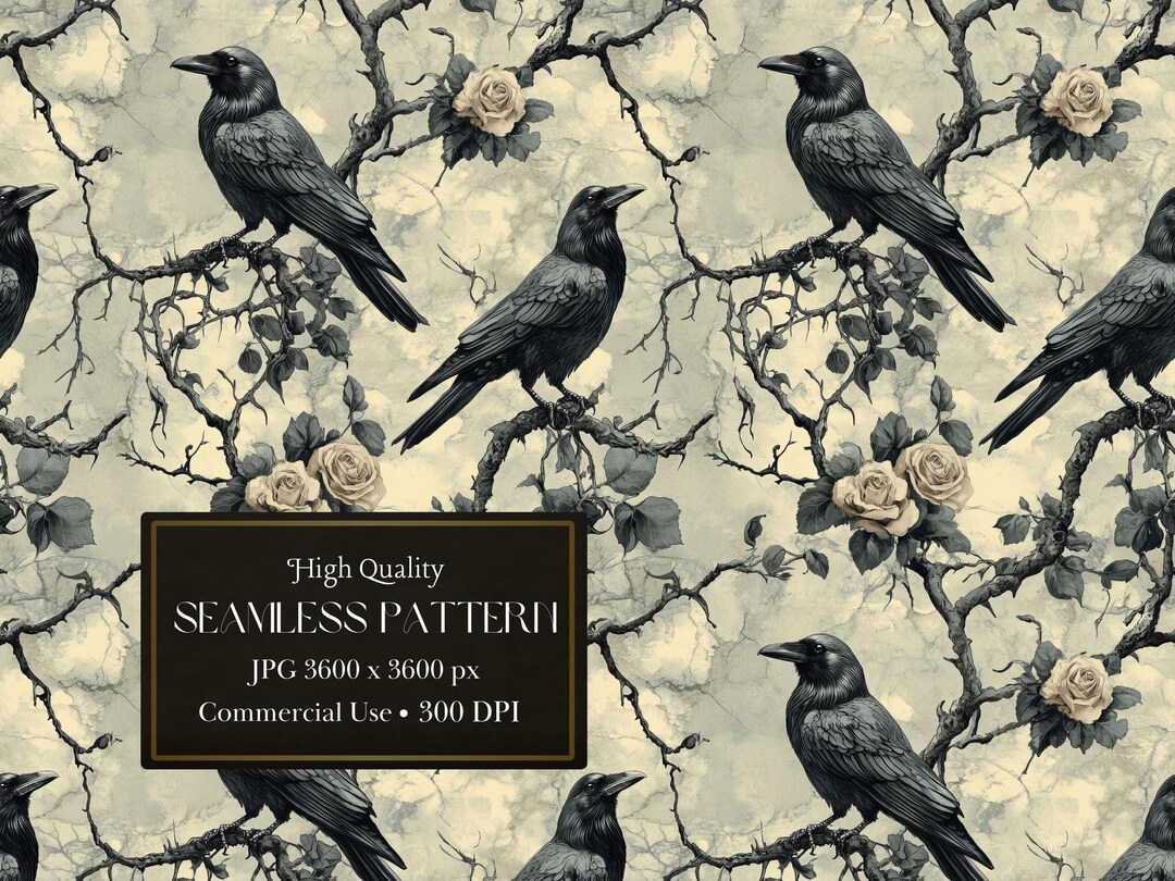 Dark Gothic Crow Seamless Pattern With Vintage Florals and Branches for ...