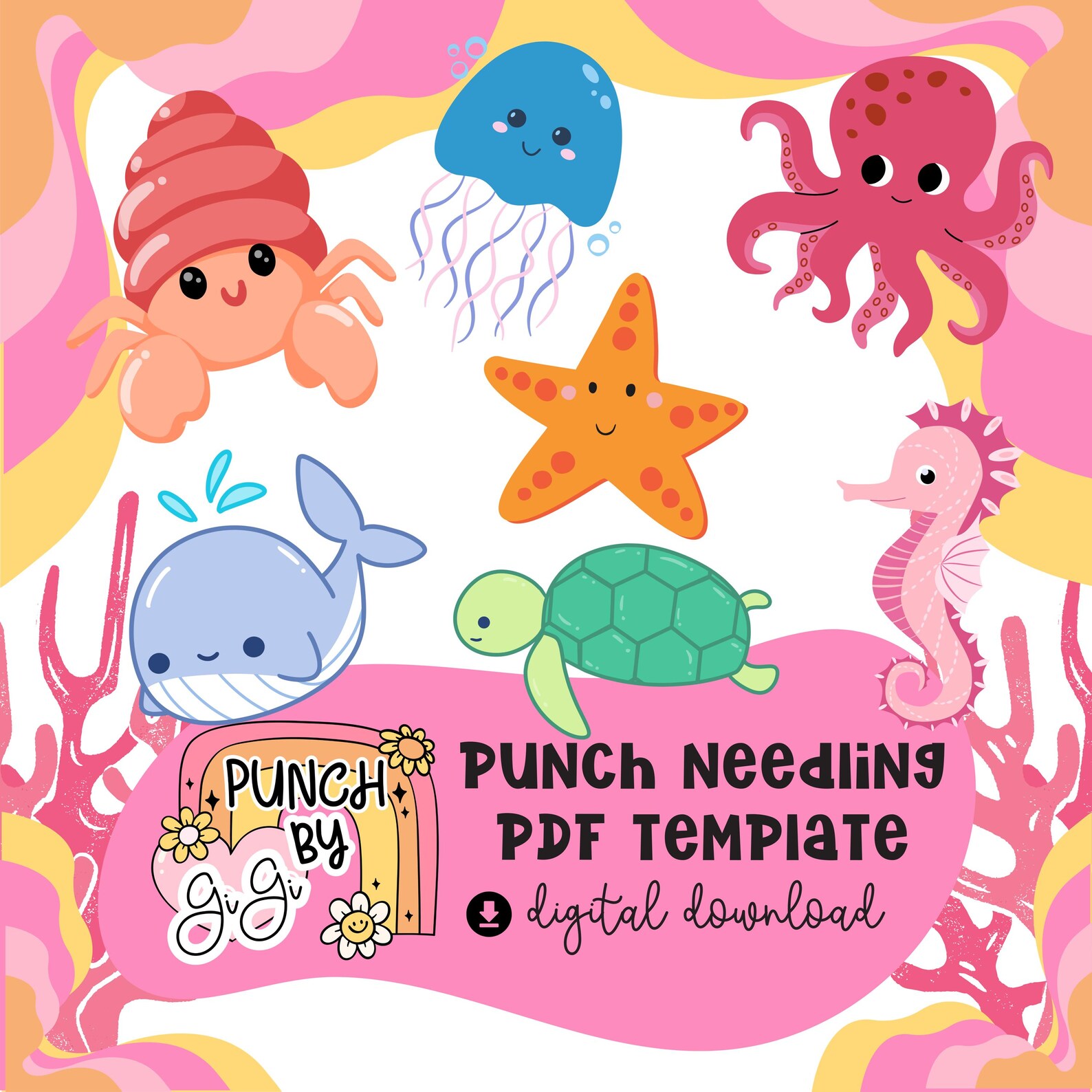 7 Ocean Creatures Punch Needling for Beginners Template, Punch Kit ...