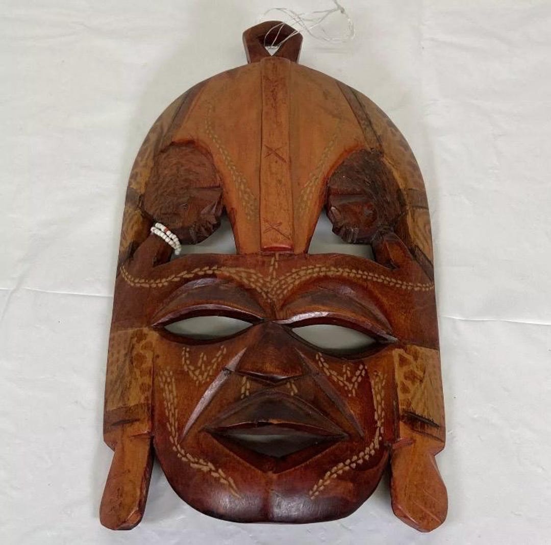 Wooden African Maasai Beaded Mask Vintage Brown White Beads Africa ...
