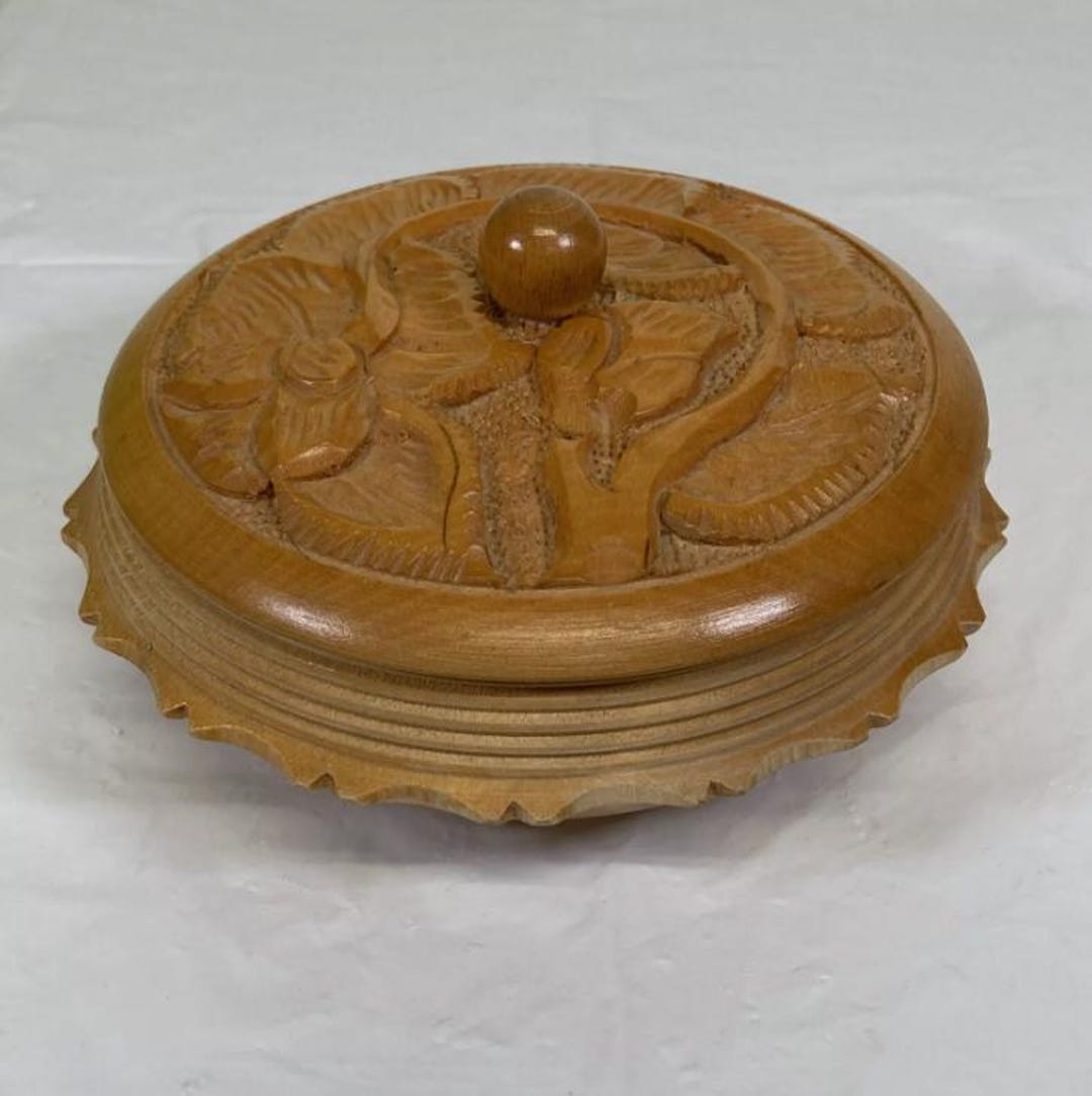 Carved Wooden Round Box With Lid Vintage Swedish 15cm Floral Design - Etsy