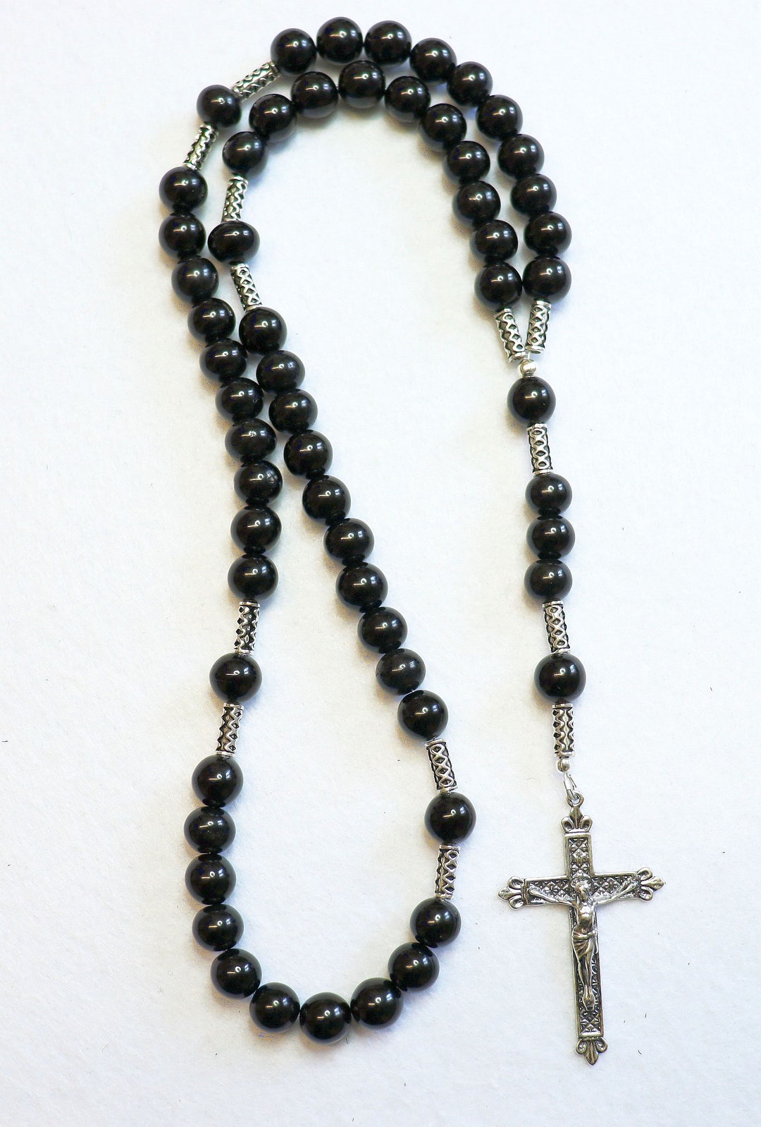 Catholic Rosary Prayer Beads All Black Genuine Jet Stones & Sterling ...