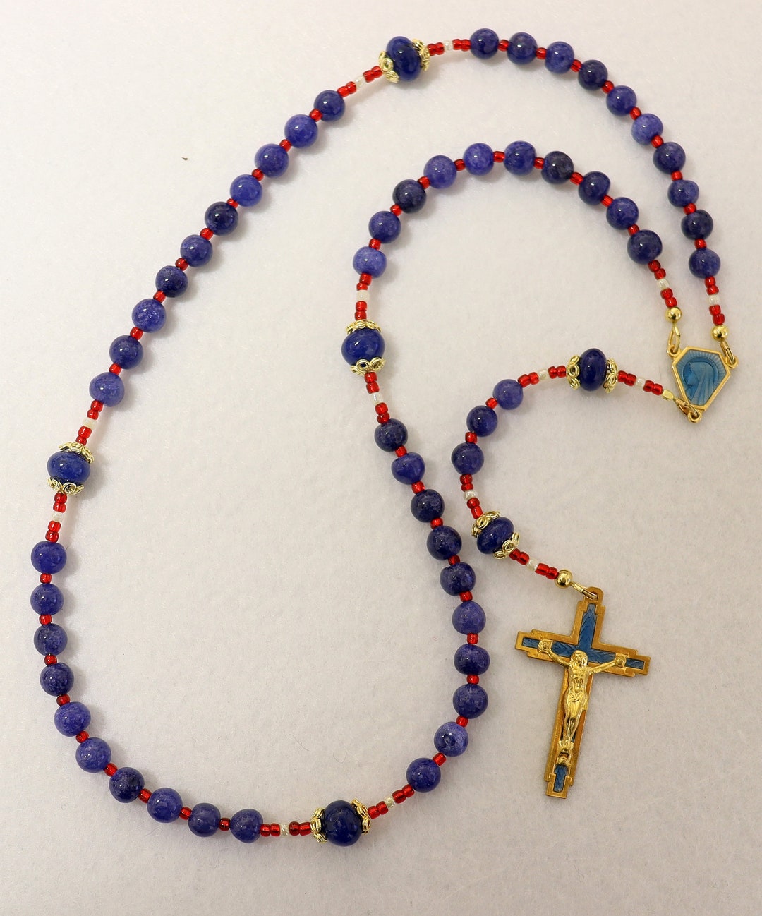 Catholic Rosary Genuine Round Clear Sapphire - Vintage Enameled Cross ...
