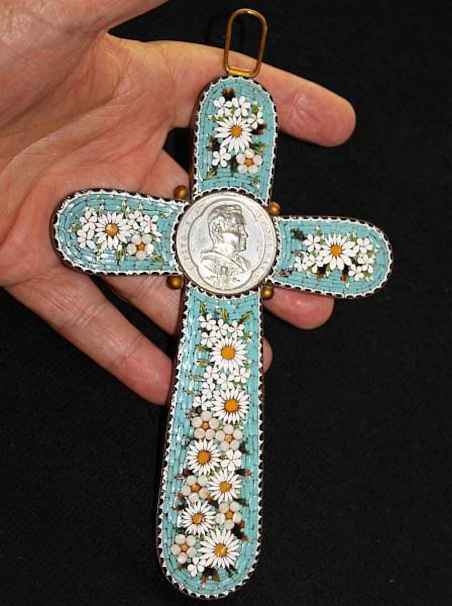 Antique Papal Large Micro Mosaic Cross - Crucifix PIUS X, Exceptional ...
