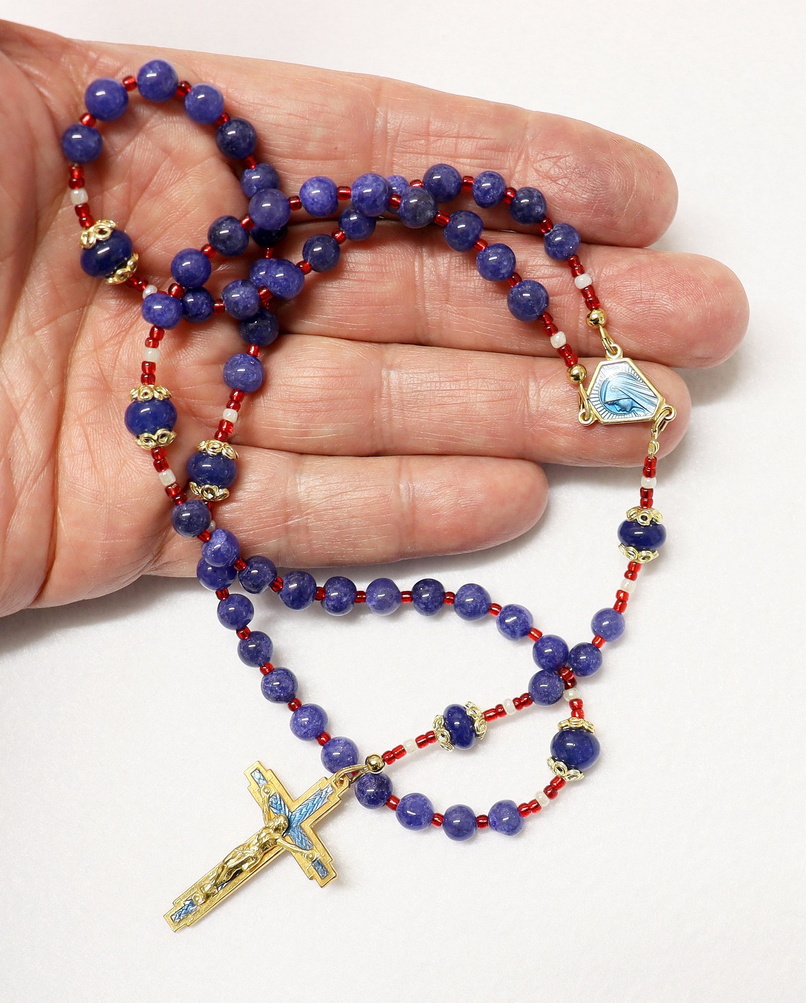 Catholic Rosary Genuine Round Clear Sapphire - Vintage Enameled Cross ...