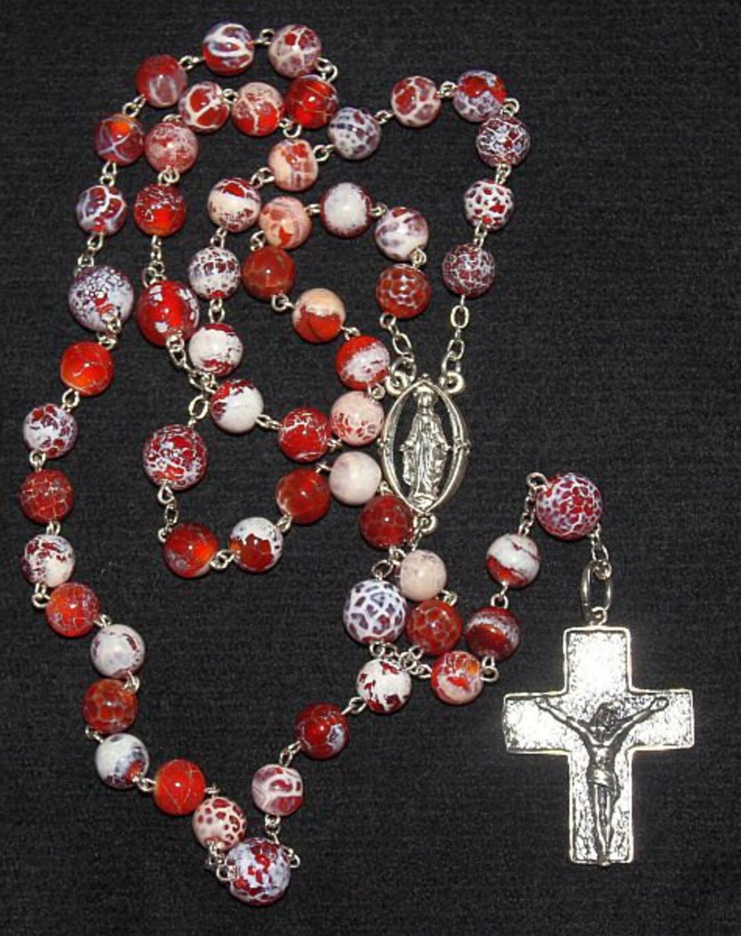 Catholic Chain Rosary Prayer Beads Fire Crackled Red Agate and Sterling ...