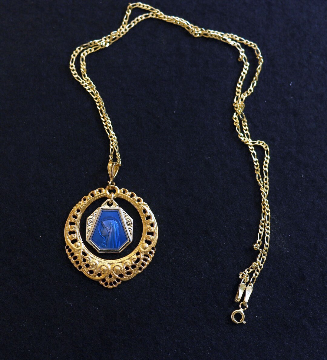 Vintage Virgin Mary Vermeil Pendant Necklace: Blue Enamel Medal - Etsy