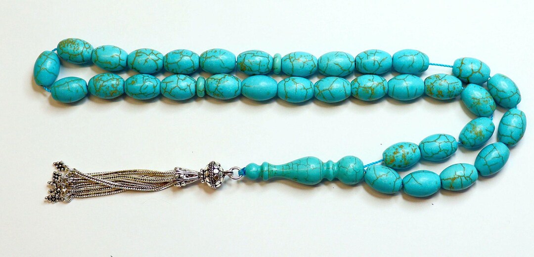 Gold Matrix Turquoise Tesbih: Sterling Silver Tassel, Hand Carved Main ...