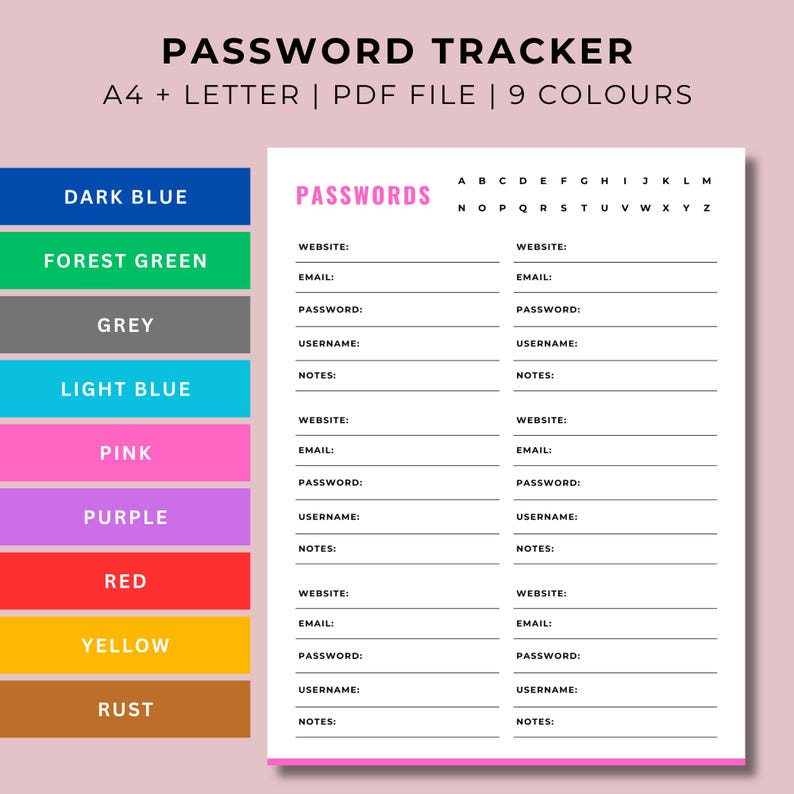Simple Digital Password Tracker Log Book | Printable Password List ...