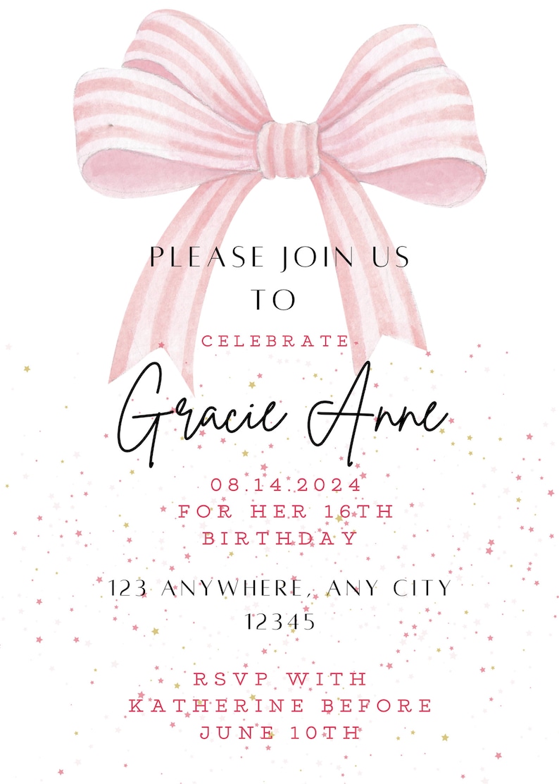 Customizable Pink Bow Coquet Birthday Invitation for Any Age! Download, Customize, Send Out. It ...