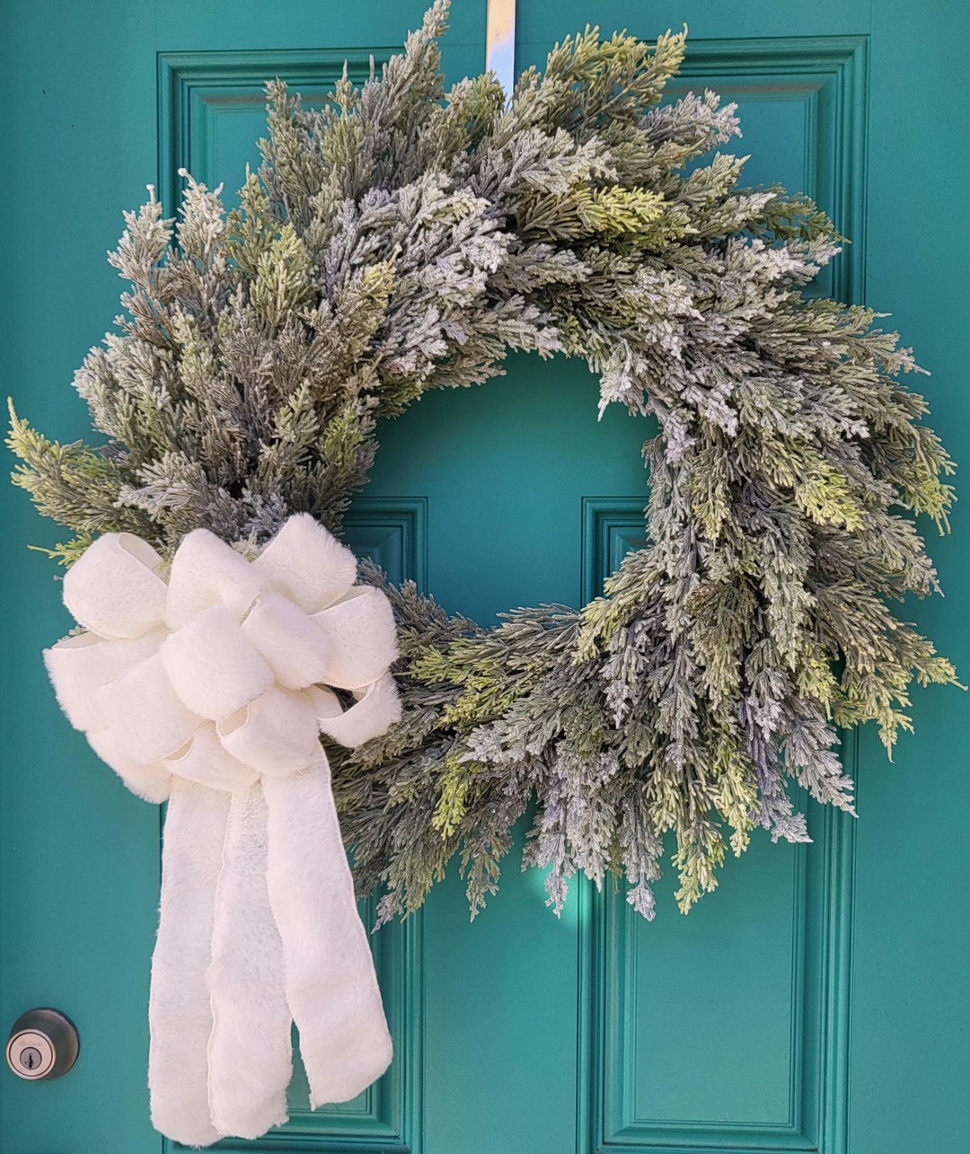 Christmas Frosted Spruce Greenery Wreath With Large White Velvet Bow to ...