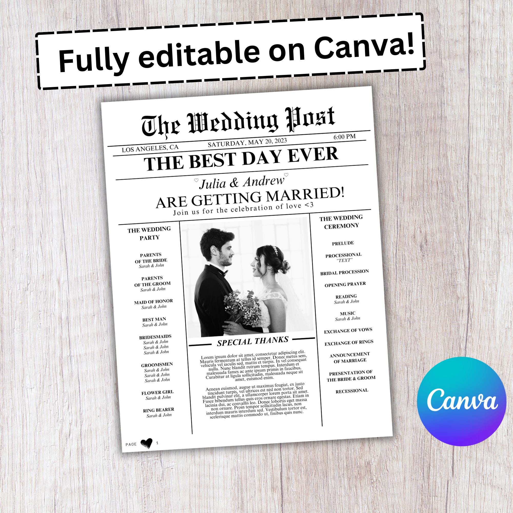 Newspaper Wedding Program Template: Editable Canva Design (digital ...