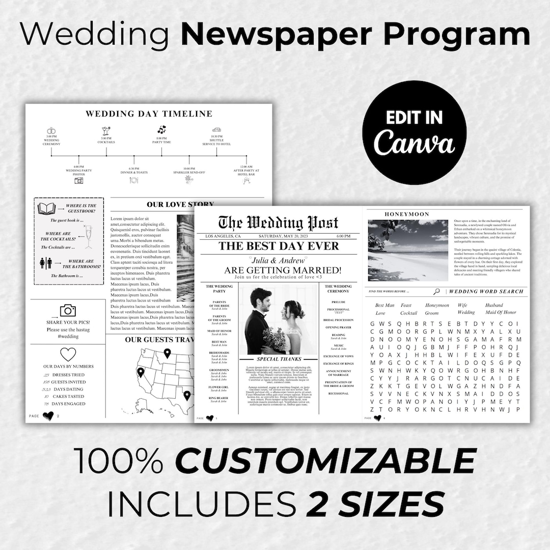 Wedding Newspaper Program Template: Editable Infographic (canva ...