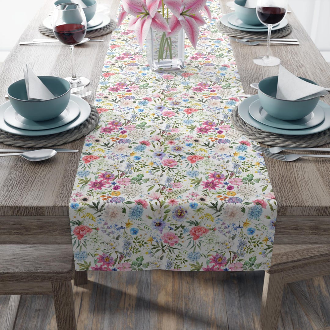 Spring Flowers Table Runner, Floral Cotton Fabric Dining Decor, Kitchen ...