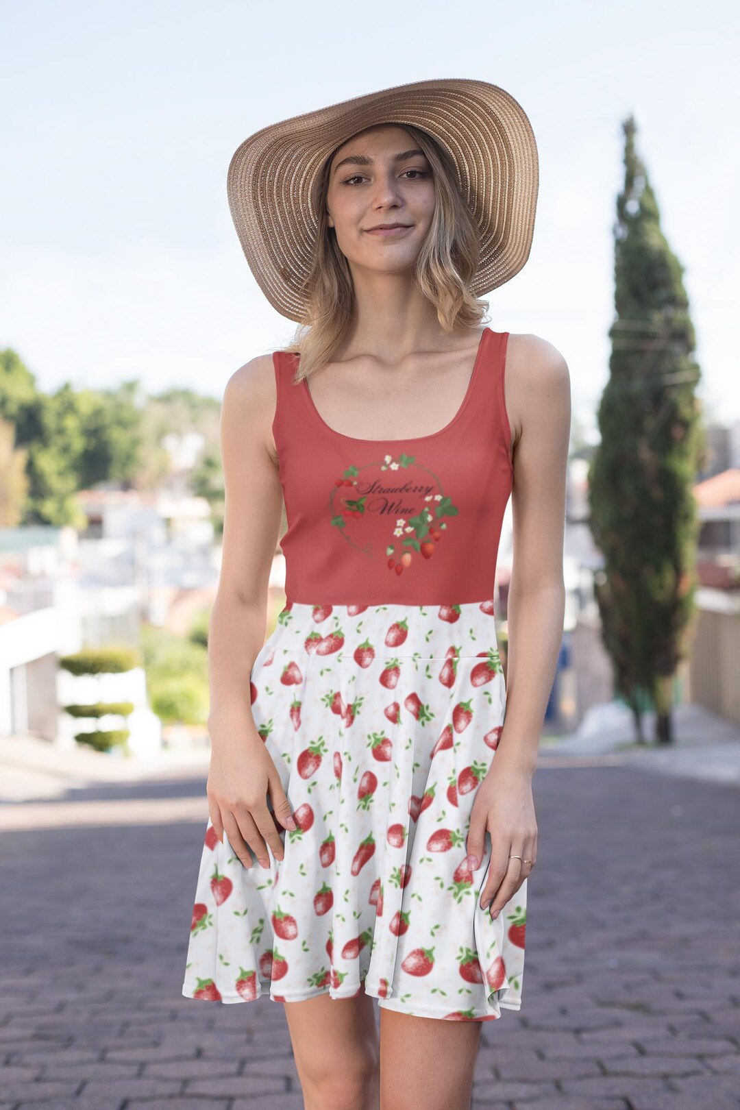 Strawberry Wine Skater Dress, Flare Skirt Sundress, Cute Feminine ...