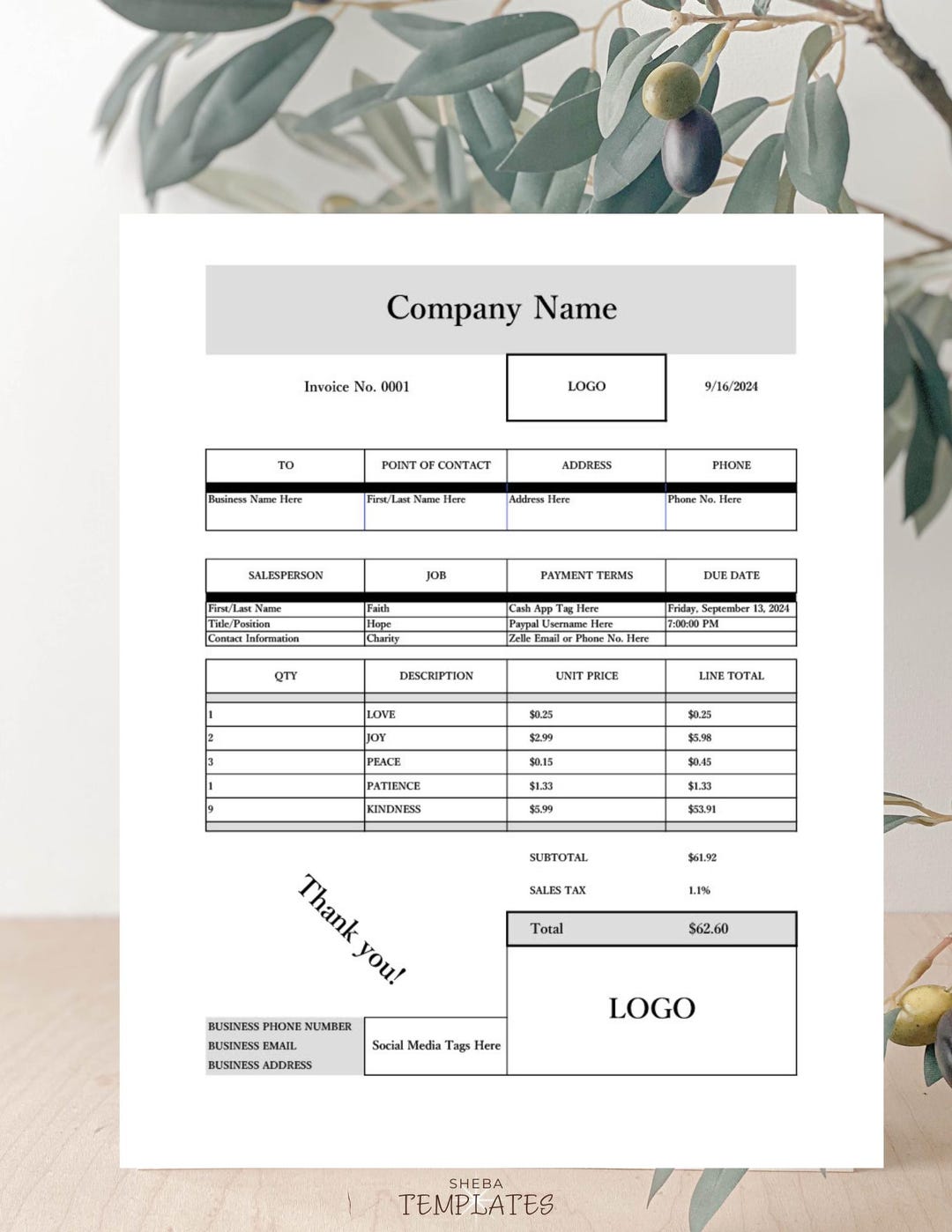 Editable Minimalist Invoice Template, PDF, Google Docs/sheets, MS Word ...