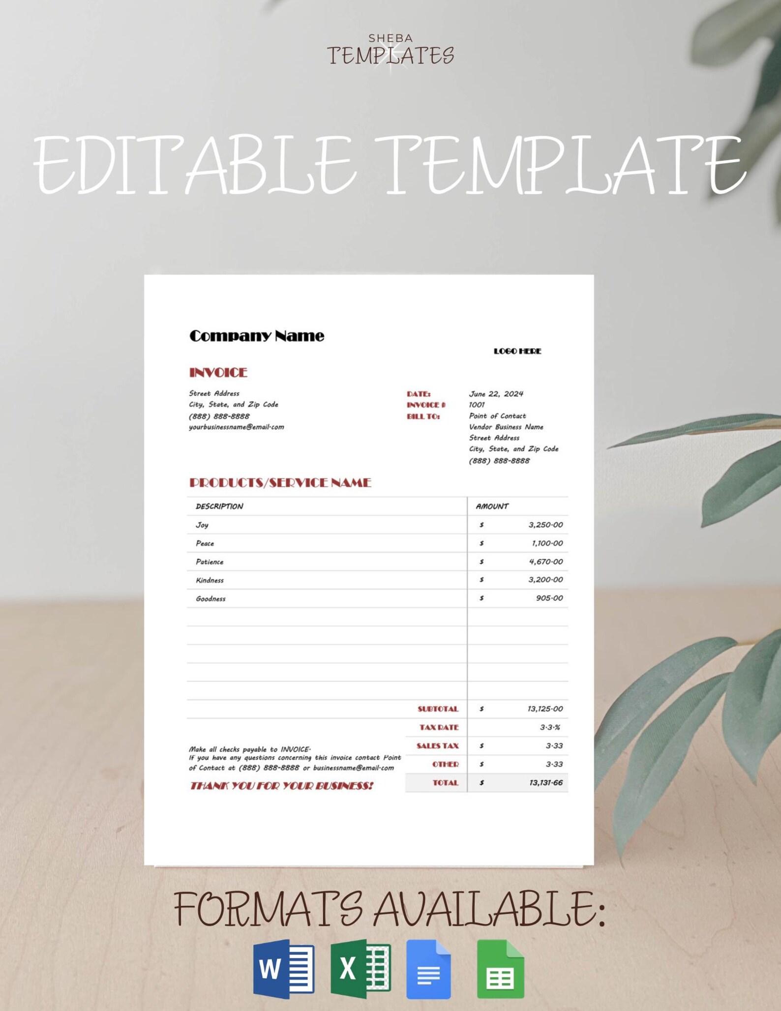 Editable Minimalist Invoice Template, PDF, Google Docs/sheets, MS Word ...