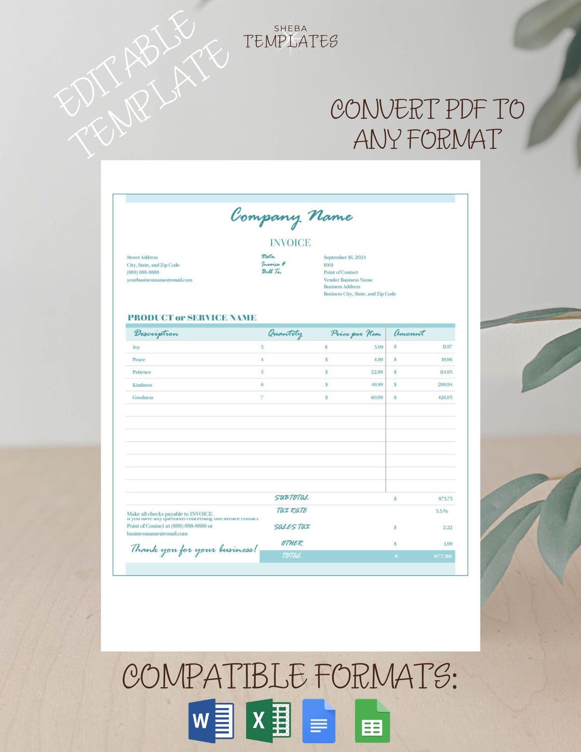 Editable Minimalist Invoice Template, PDF, Google Docs/sheets, MS Word ...