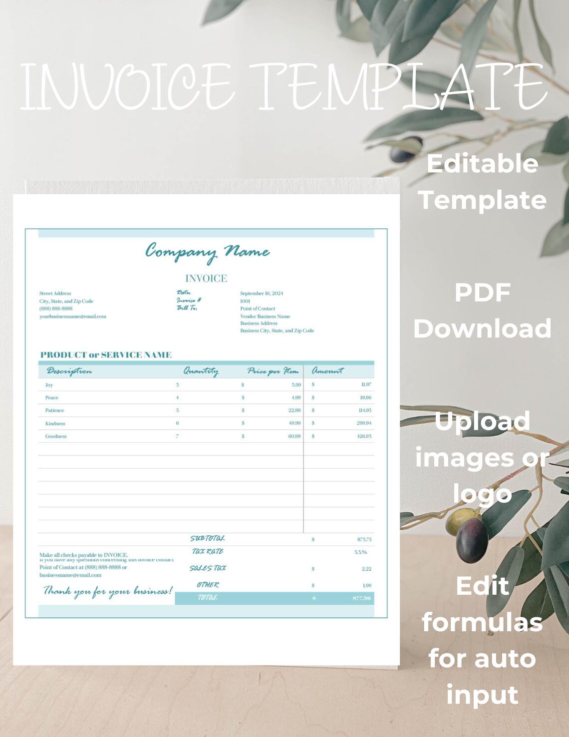 Editable Minimalist Invoice Template, PDF, Google Docs/sheets, MS Word ...